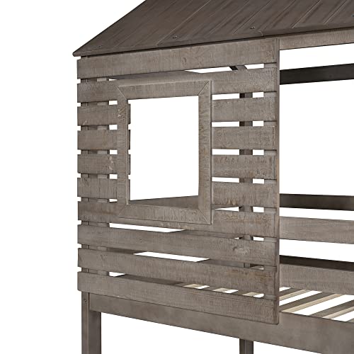 HYC Twin Over Twin Bunk Bed for Kids Toddlers, Wooden Bunk Bed with Slide and 2 Storage Drawers, House-Shaped Bunk Bed for Girls Boys,Gray