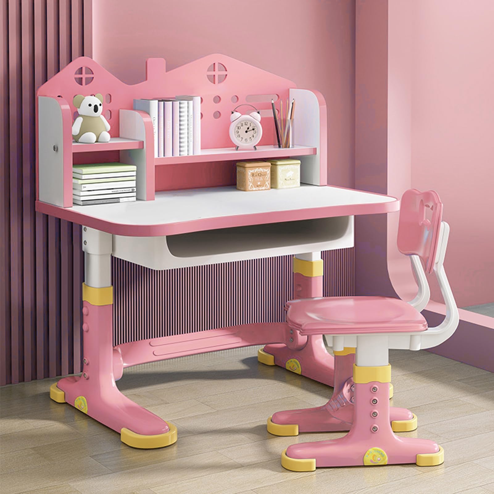 NEREIDS NET Kids Desk Chair Set,Small Desk,Standing Desk, Desk Chair Set Widened Children Desktop Height Adjustable School Study Desk with Castle Backboard,Bookstand and Storage Drawer Pink