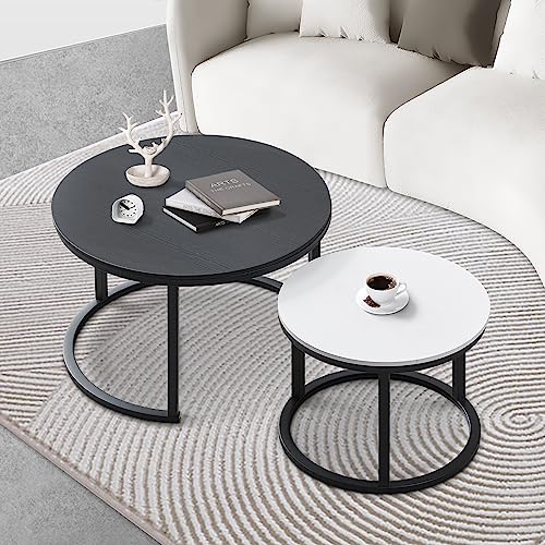 MASAKA B&W 27.5 Inch Round Wood Tables 2 Pack, Coffee Tables for Living Room Set of 2, Small Coffee Tables for Small Spaces, Center Table Modern Black with White