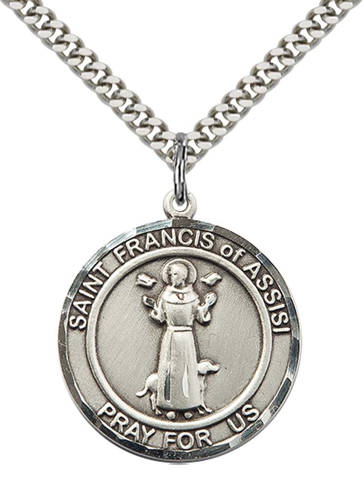 F A Dumont Sterling Silver St. Francis of Assisi Pendant with 24" Stainless Steel Heavy Curb Chain. Patron Saint of Animals/Catholic Action
