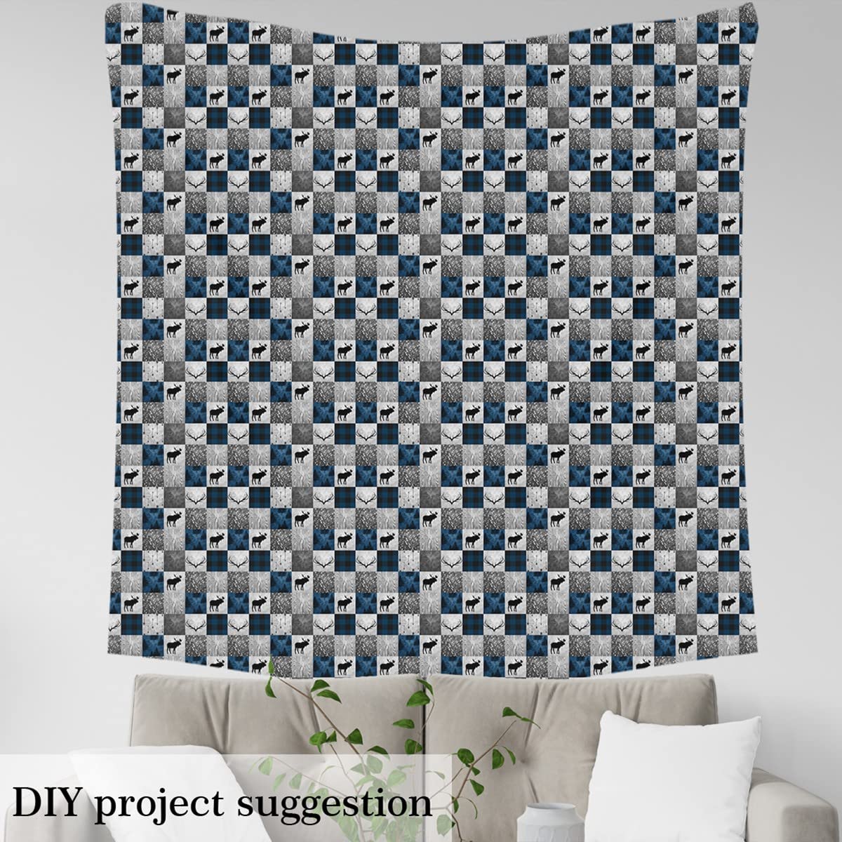 Deer Fabric by The Yard,Buffalo Plaid Check Upholstery Fabric Cabin Lodge Decorative Fabric for Quilting Sewing, Wild Animal Elk Antler Christmas Deer Patchwork Fabric Blue Grey 2 Yards