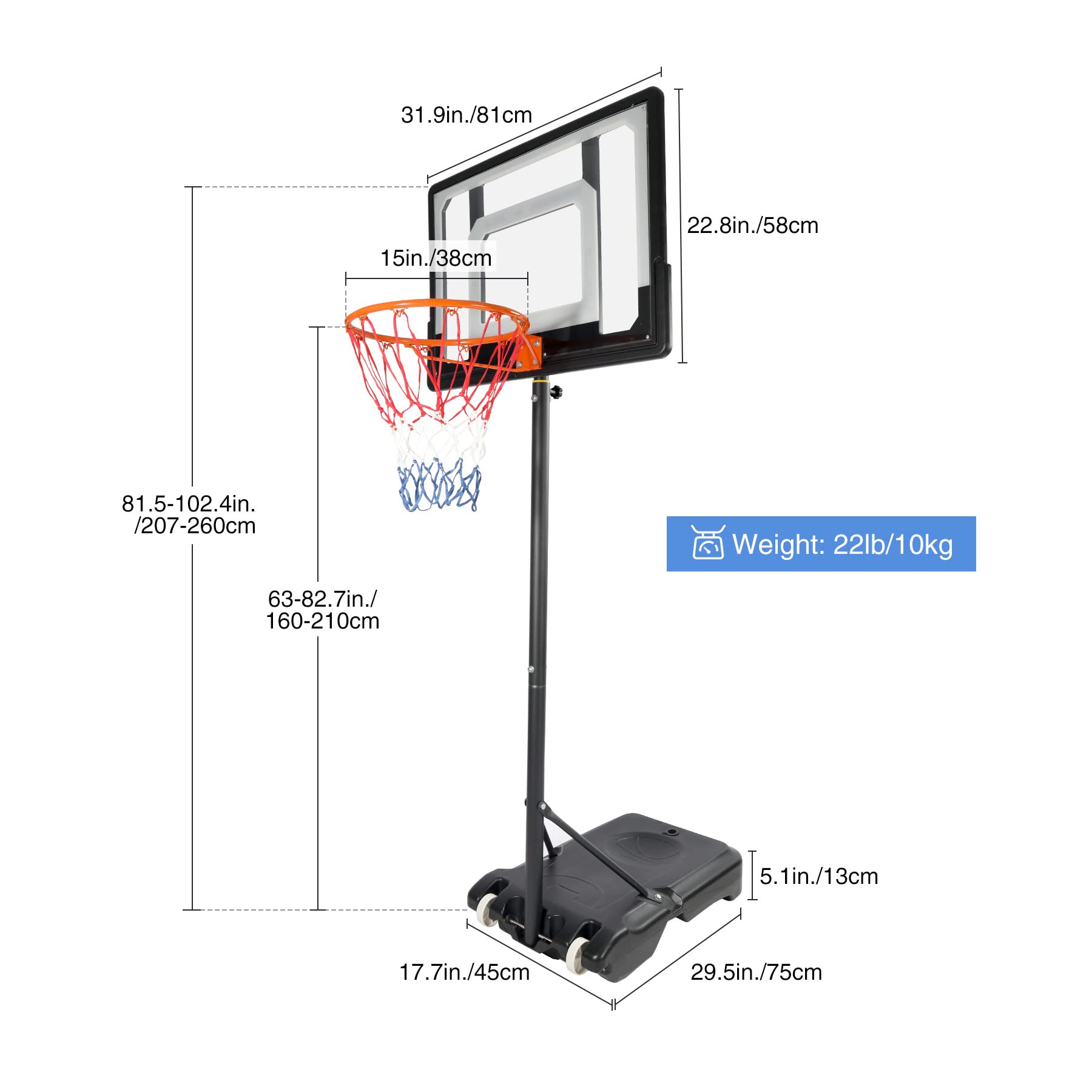 Domaker Adjustable Basketball Hoop Stand Outdoor, 5-7 FT Height Basketball Portable Goal System with Backboard & Wheels, Fillable Base, Easy to Assemble, Black & White