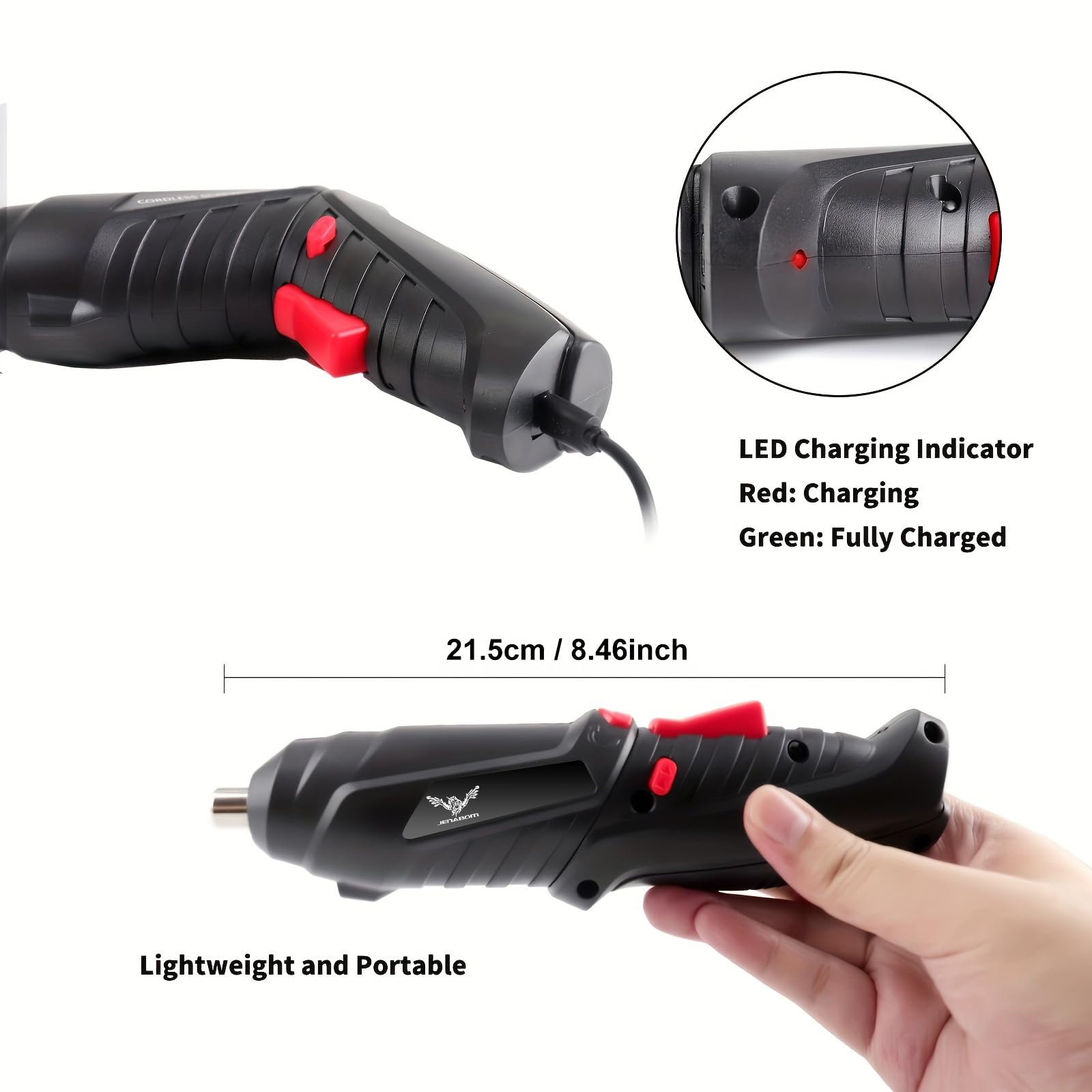 JENABOM 8 in 1 Electric Screwdriver, 3.6V Cordless Drill Screwdriver Rechargeable, 3.5N·m Max Torque Electric Screw Gun with 6 Accessory Kit, Micro USB, Front LED Light, Easy for Small Home Projects