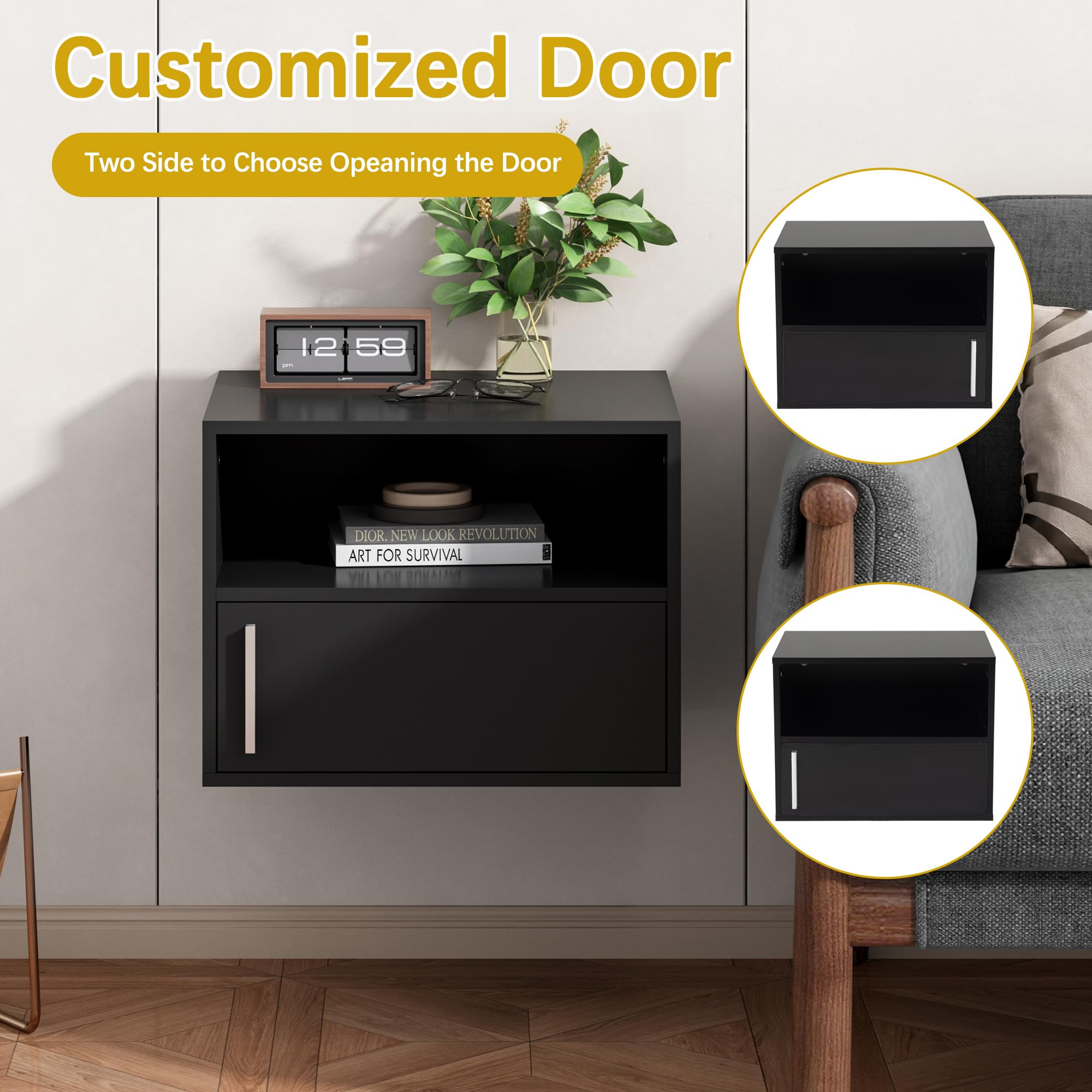 JAXPETY Wall Floating Nightstand Set of 2 Modern Side Table Wall Mounted Shelf with Cabinet Storage for Living Room, Bedroom, Dorm, Black