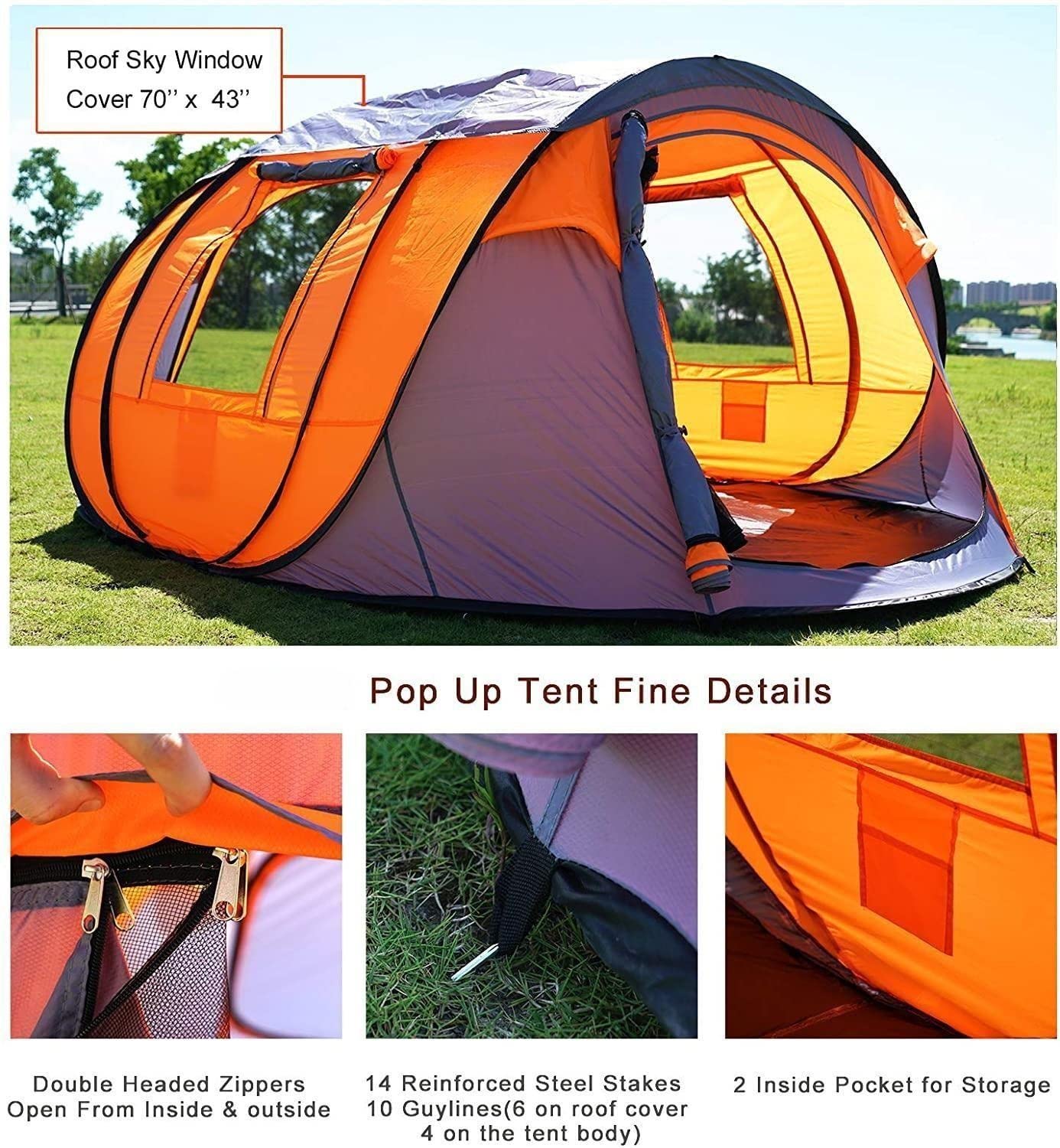 Dome Tent Pop Up Tent X-Large Camping Tent 5-6 Person Tent with Sky-Window, Automatic Setup, Fast Pitch, Fold with Portable Carry Bag Ideal for Family Backpack Hiking, Orange