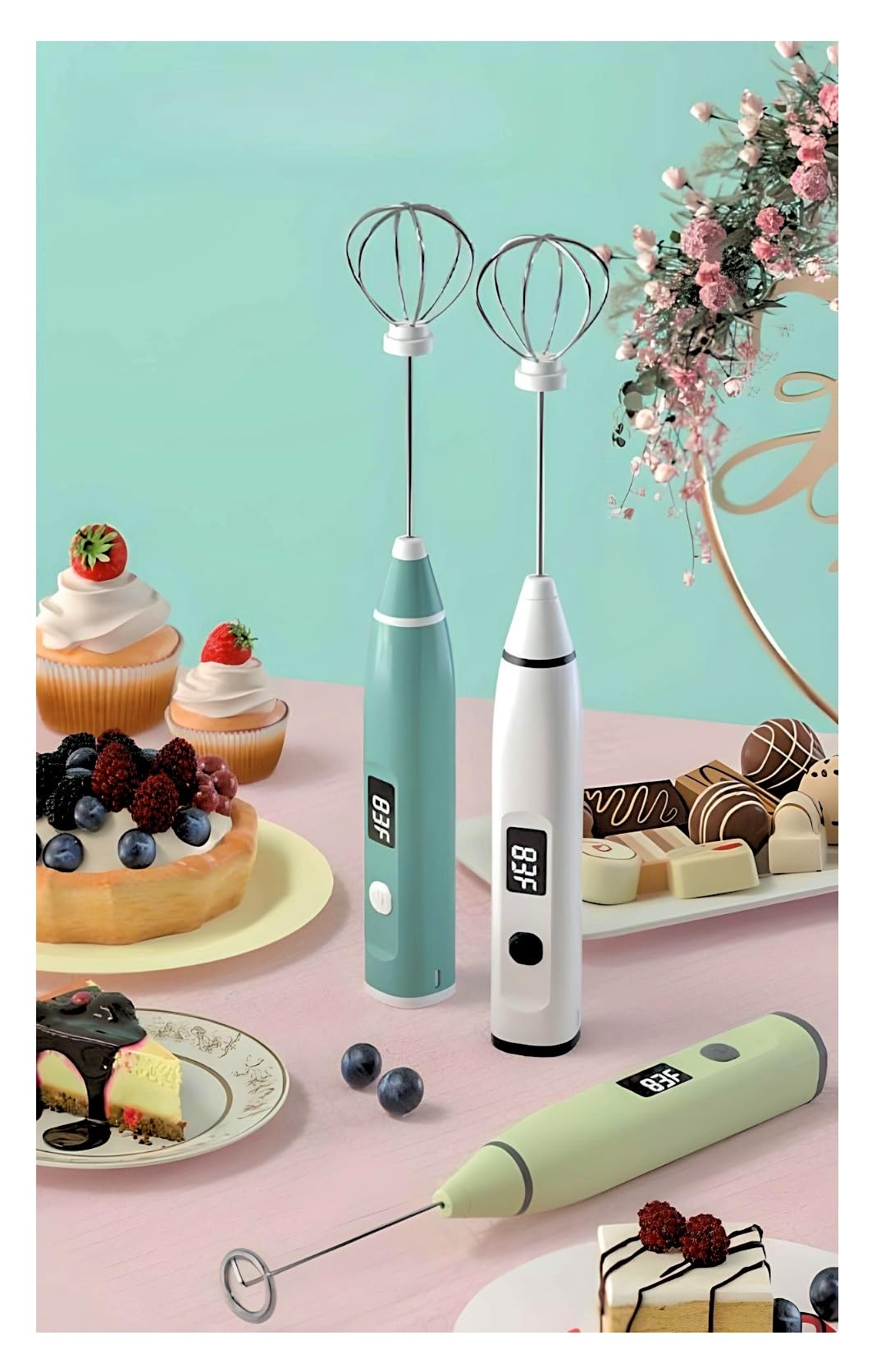 Electric Rechargeable Drink Mixer for Matcha Greens Protein Hot Chocolate drinks | Egg Beater for Baking | 3 Speed Immersion Blender (White)