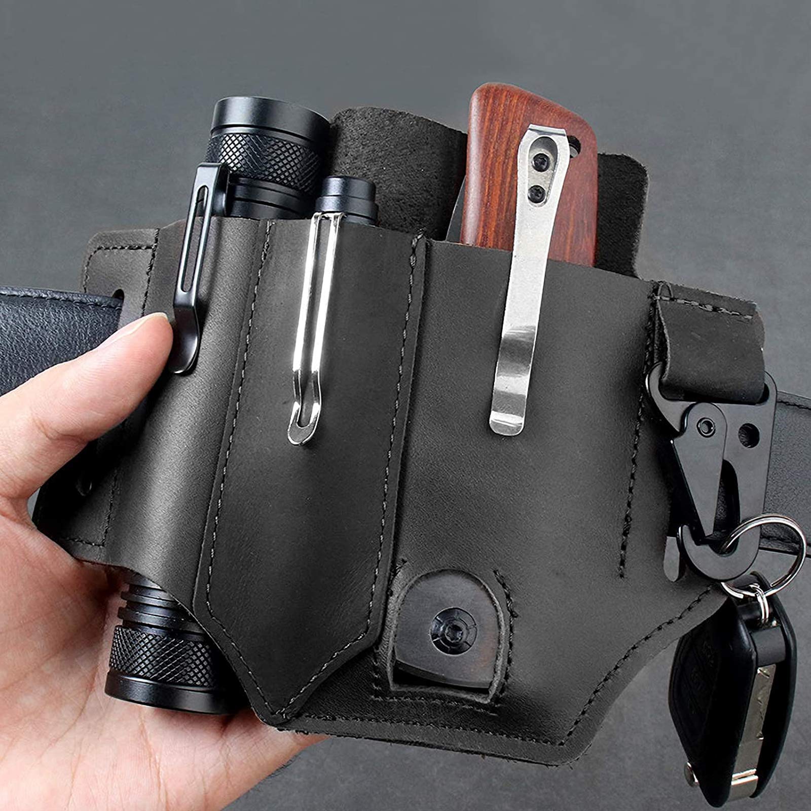 Pocket Organizer Pouch EDC Leather Sheath for Belt for 5 inch Knives Tactical Flashlights Key Fob Tools (Black)