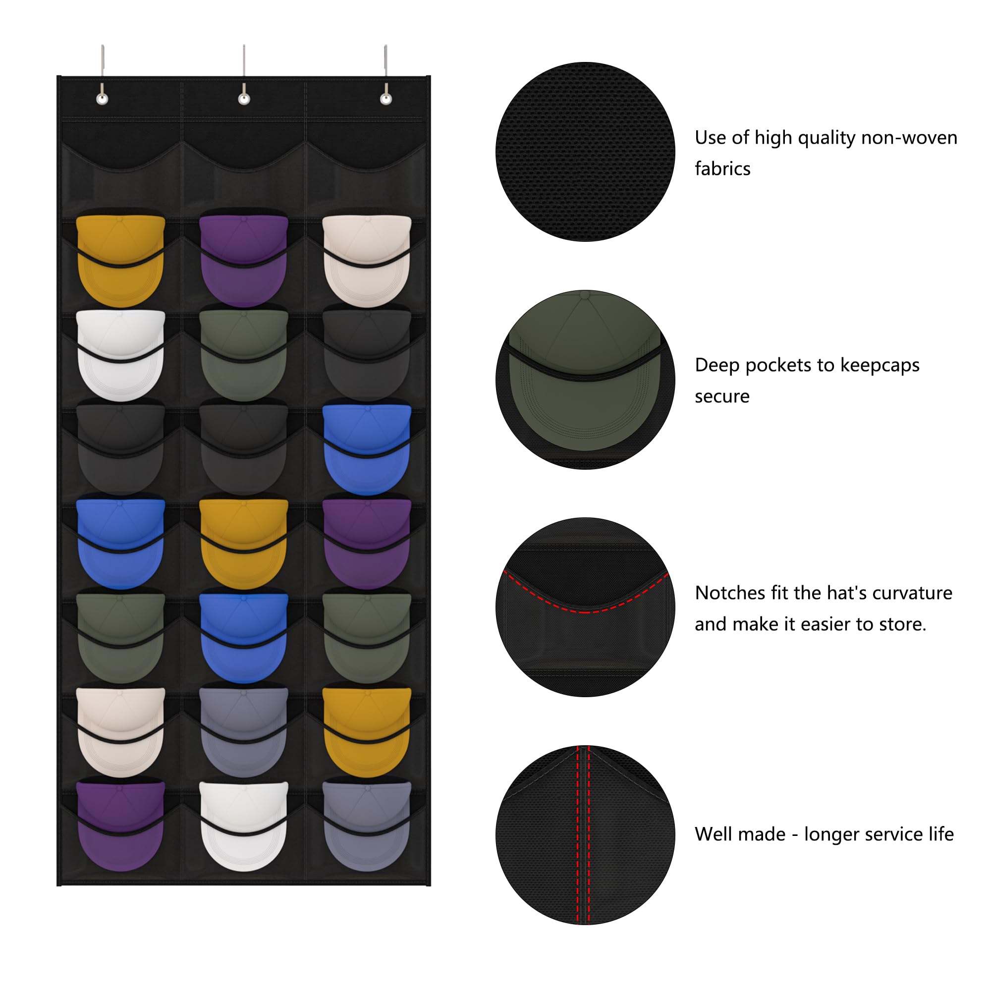 LONGD Hat Rack, Features 27 Clear Deep Pockets, Ideal for Organizing Baseball Caps, Convenient Over-The-Door or Wall Mount Design, Effortless Display and Storage, Sleek Gray
