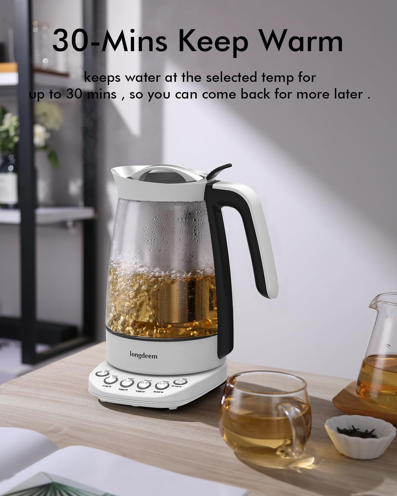 LONGDEEM Electric Glass Tea Kettle with Infuser, 1.7L Fast Boiling, Stainless Steel, Temperature Control Tea Maker, Non-BPA - Easy Lid Removal & Keep Warm Feature, White