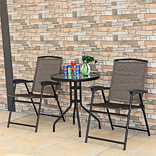 JYDQM 3PC Bistro Patio Garden Furniture Set 2 Folding Chairs Glass Table Top Steel Round Table