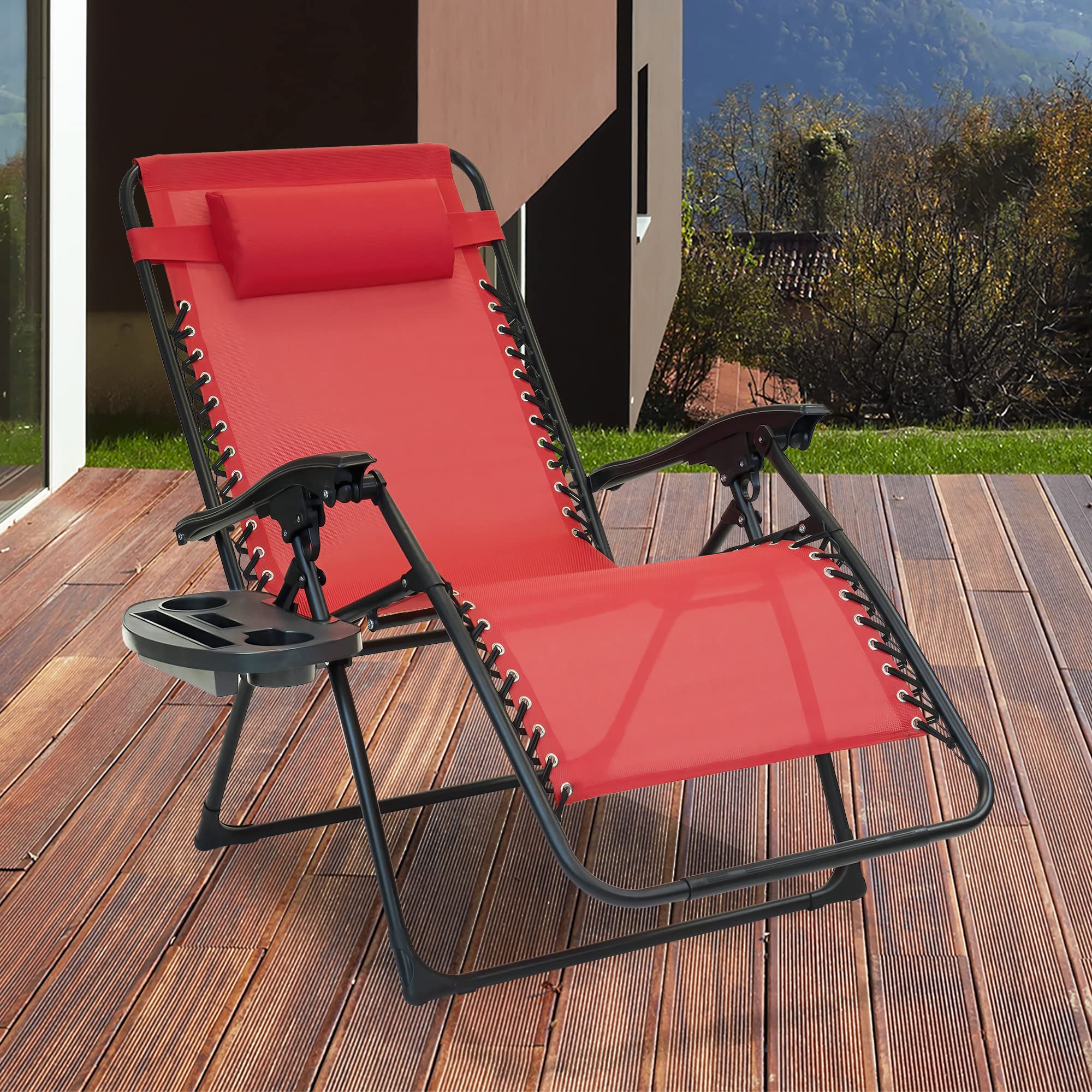 Sun-Ray Oversized Patio Chair with Leg Stabilizers and Big Cupholder, Adjustable Zero Gravity Folding Reclining Outdoor Chair with Pillow, Ruby Red