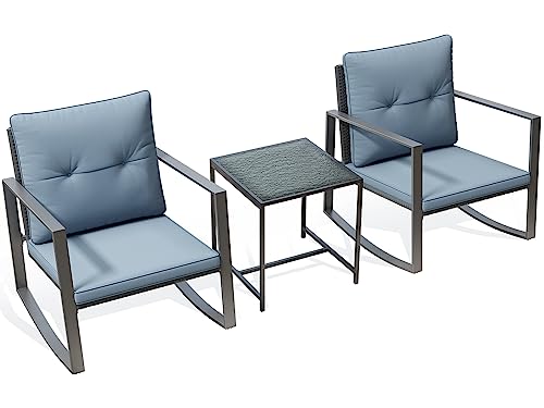 Pyramid Home Decor 3 Piece Rocking Bistro Set - Synthetic Wicker Outdoor Furniture - Glass Coffee Table with 2 Chairs for Balcony, Patio & Porch - Black Metal, Soft Cushions (Gray)