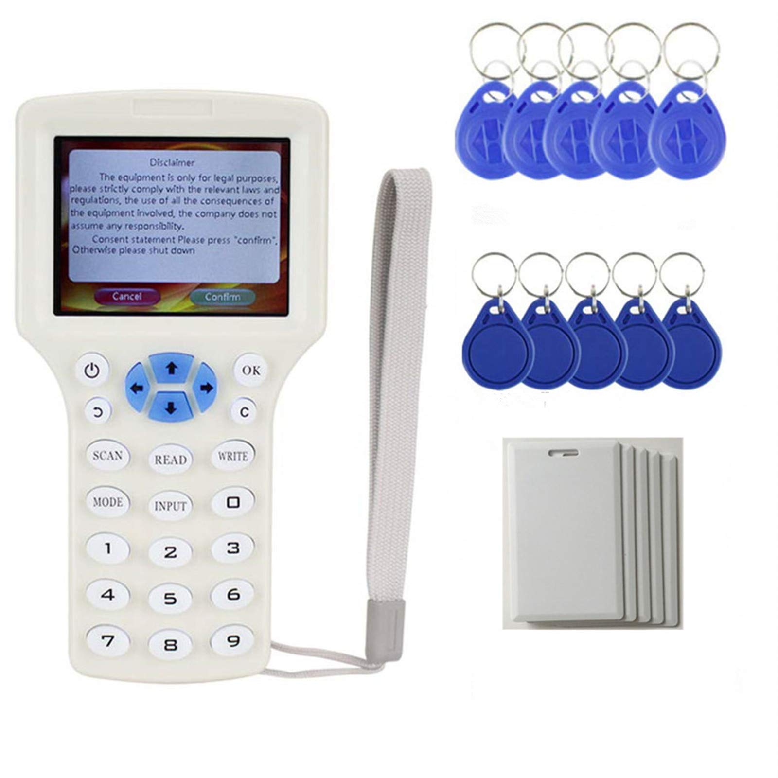 NFC RFID Copier Writer Readers Key Copier Duplicator English 10 Frequency for IC ID Cards/Key Fob and 13.56mhz UID Key,10pcs ID 125kh Key Fobs + 5 Pcs ID 125khz Cards + 10pcs 13.56mhz IC Key + 1 USB