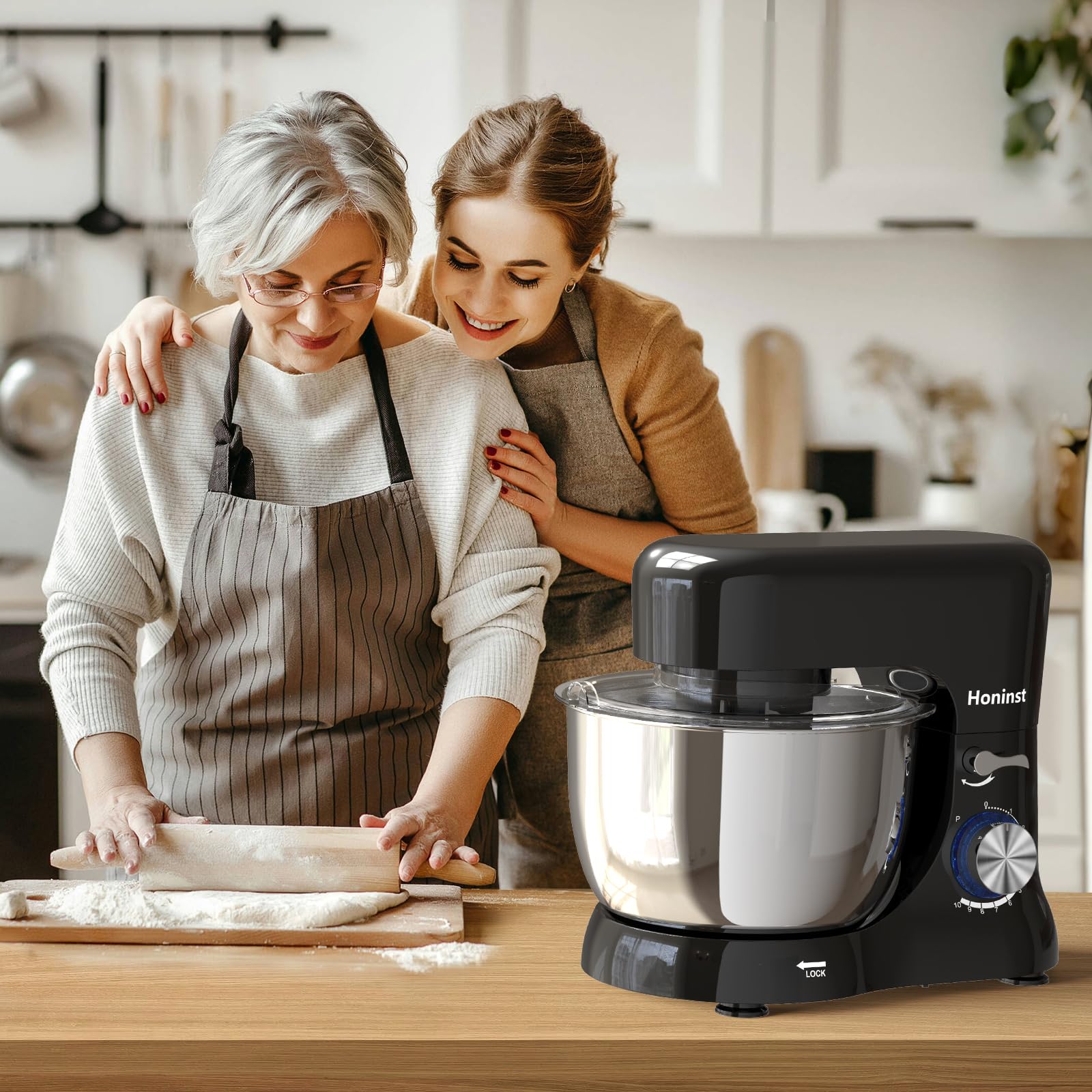 Honinst Stand Mixer,3-In-1 10-Speed 5.5QT Tilt-Head Food Mixer,Electric Mixer with Bowl, Dough Hook, Whisk and Beater,Kitchen Mixer for Baking, Cake and Most Home Cooks, Black