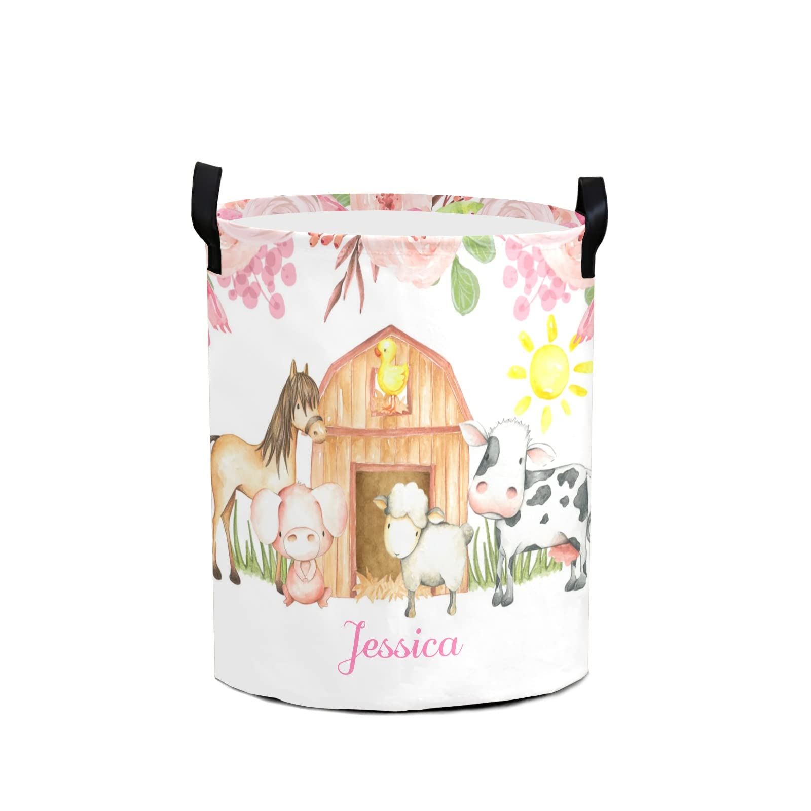 Floral Farm Animals Personalized Laundry Hamper,Custom Name Collapsible Waterproof Laundry Basket Storage Bins with Handle for Clothes,Toy,Nursery