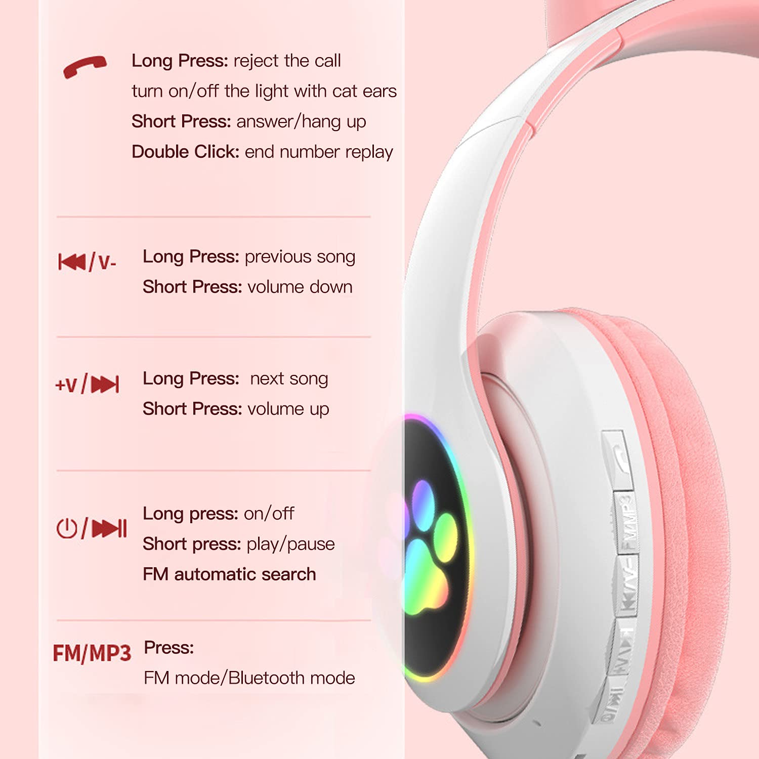 KERHAND Bluetooth Headphones for Kids, Cute Ear Cat Ear LED Light Up Foldable Headphones Stereo Over Ear with Microphone/TF Card Wireless Headphone for iPhone/iPad/Smartphone/Laptop/PC/TV (PIink)