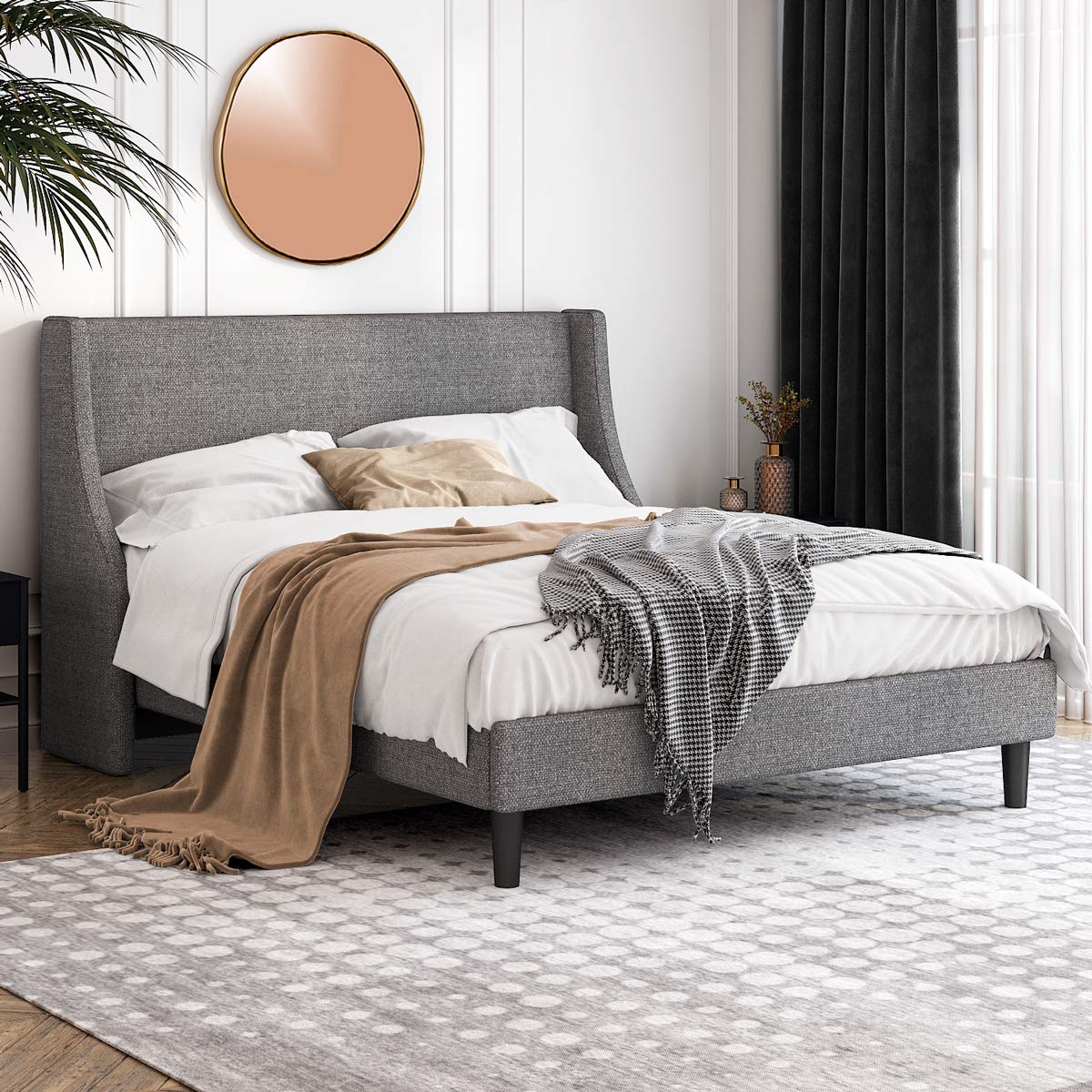Einfach Queen Size Platform Bed Frame with Wingback Headboard/Fabric Upholstered Mattress Foundation with Wooden Slat Support Light Grey