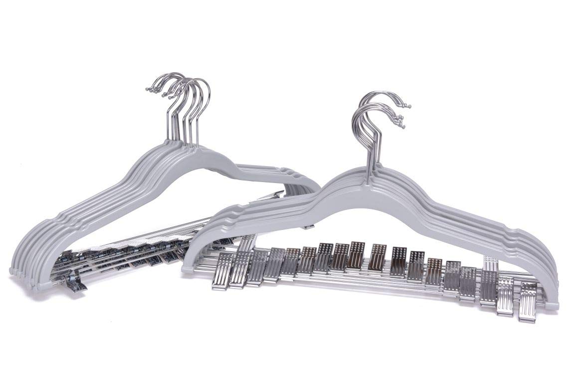 Quality Plastic 20-Pack - Non Velvet Non-Flocked Thin Compact Coat Hangers with Metal Clips for Skirts Pants Blouses - 360° Swivel Hook (Black, 20)