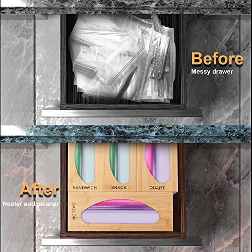 Urvoix Ziplock Bag Storage Organizer, 4 Pcs Baggie Organizer, Bamboo Ziplock Bag Organizer for Drawer Kitchen Compatible with Gallon, Quart, Snack & Sandwich Variety Size Bags