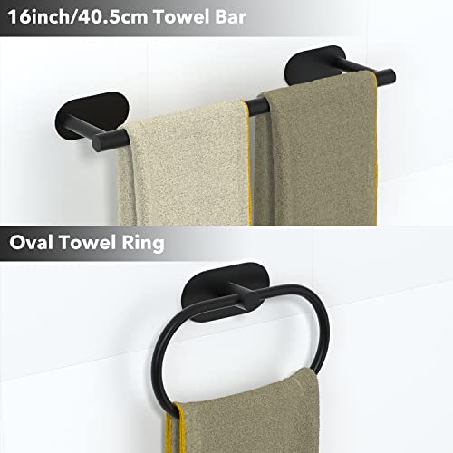 Matte Black Bathroom Accessories Set, 5 Pieces Bathroom Hardware Set, Stainless Steel Towel Racks for Bathroom, Bathroom Set Including 16" Towel Bar, Toilet Paper Holder, Towel Ring, Robe Towel Hooks