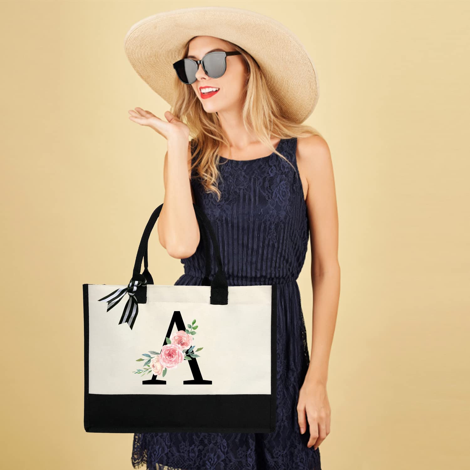 DEEZOMO Personalized Initial Canvas Tote Bag for Women, Beach Bag with Inner Zipper Pocket, Suitable for Wedding, Birthday, Beach, Holiday - Black(X)