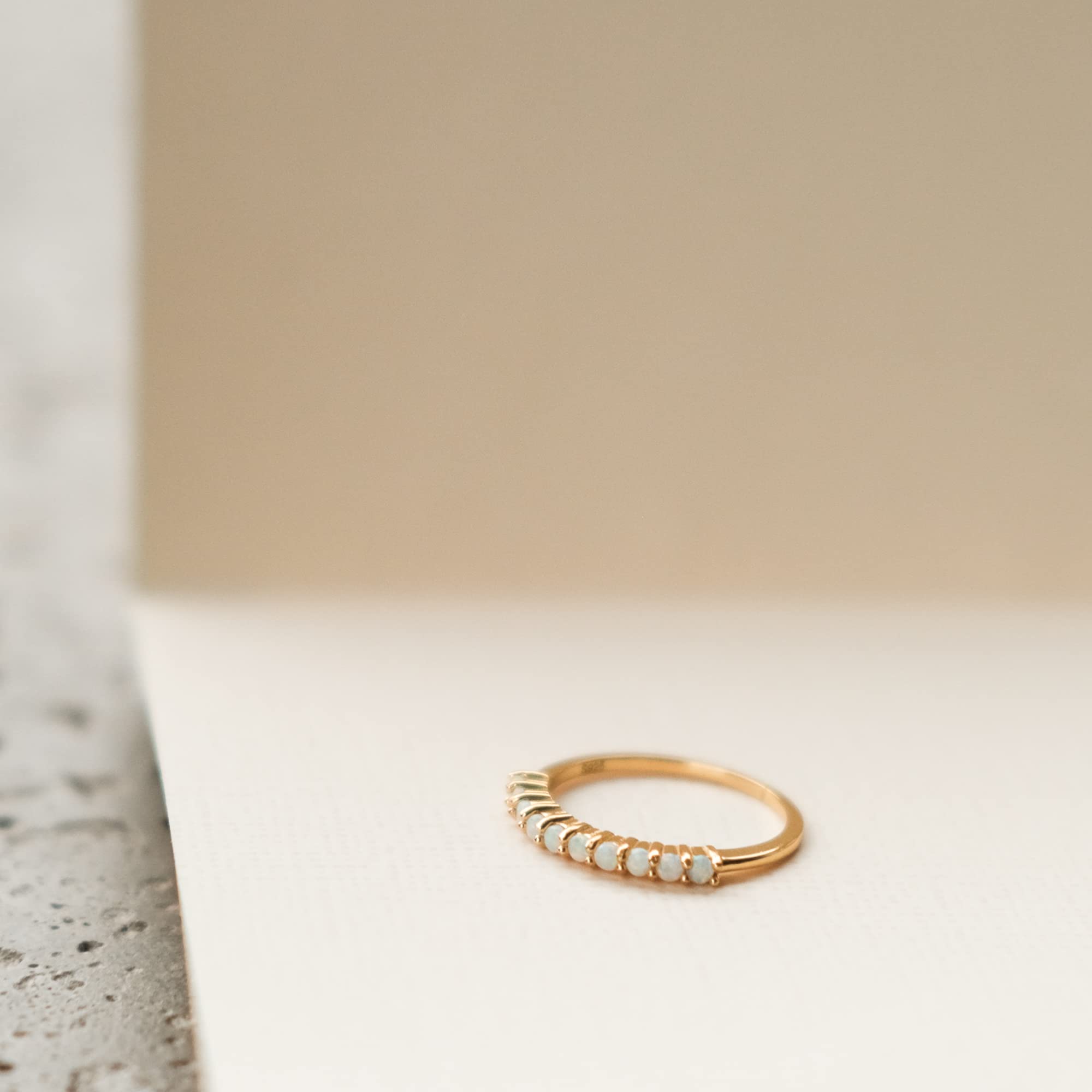 espere White Opal Half Eternity Band Wedding Ring | 18K Gold Plated Sterling Silver Dainty Linear Opal Stacking Bands | Minimalist October Birthstone Jewelry Gift for Her [Size 5]
