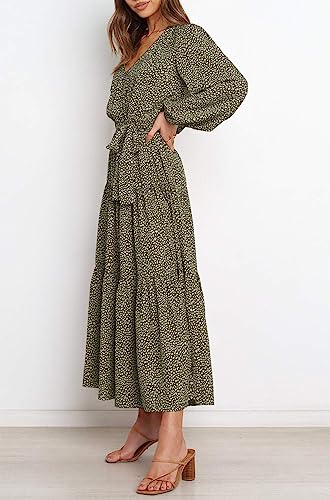 PRETTYGARDEN Women's Long Sleeve V Neck Leopard Print Ruffle Maxi Dress Tie Waist Boho Chiffon Flowy Long Dress (Green, Small)