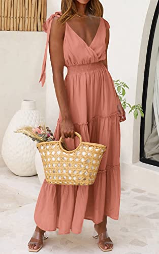 PRETTYGARDEN Women's Cross Neck Summer Sleeveless Tiered Maxi Dress Beach Tie Strap Smocked Long Dresses Pleated Sundress (Nude Pink,Medium)