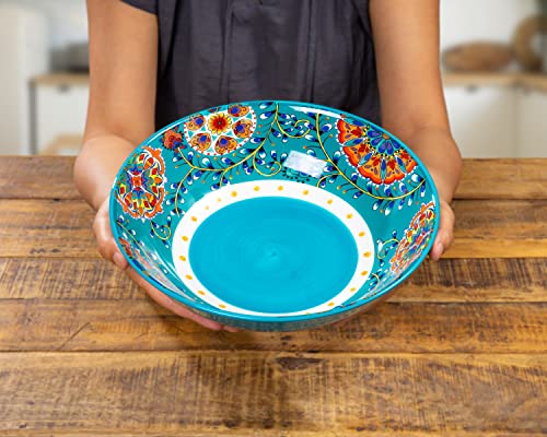 MICROWAVE SAFE Holiday Christmas DInner Ceramic Large Serving Bowl Pasta Bowl Fruit Bowl Salad Bowl Party Holiday Bohemian Talavera Spanish Influenced Design (Turquoise)
