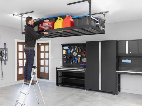 NewAge Products 4 ft. x 8 ft. VersaRac Pro Adjustable Overhead Garage Storage Rack, Heavy Duty Steel Garage Storage Organization, Ceiling Storage Racks, 800lbs Weight Capacity, (Black), 41200