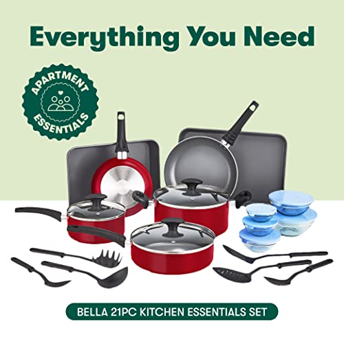 VECELO Dining Table Set with 4 Chairs, Retro Brown & Bella Nonstick Cookware Set - Aluminum Bakeware, Pots and Pans, Storage Bowls & Utensils, Compatible with All Stovetops, 21 Piece, Red