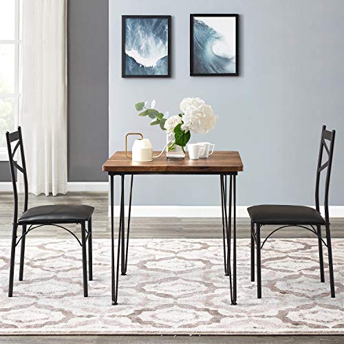 VECELO Modern Industrial Style 3-Piece Room Kitchen Pu Cushion Chair Sets for Small Space, Dining Table for 2, Retro Brown and Black
