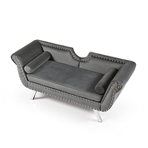Mid Century Modern Loveseat Sofa, Upholstered Chesterfield Sofa With 2 Bolster Pillows, Velvet Love Seat With Nailhead Trim, 61" Small Couches Loveseat Settee Roll Arm For Living Room, Dorm(Grey)