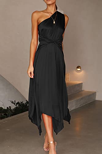 PRETTYGARDEN Women's Summer Long Satin Dress One Shoulder Sleeveless Ruched Twist Flowy Maxi Dresses (Black,Medium)