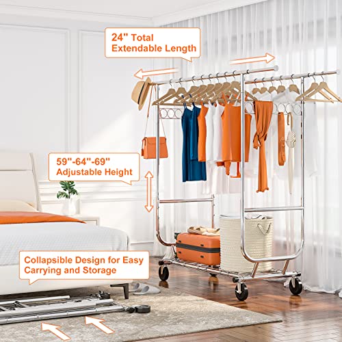 Raybee Clothes Rack Heavy Duty Clothing Rack Loads 600LBS, Clothing Racks for Hanging Clothes, Rolling Clothes Rack with Wheels Garment Rack, Collapsible & Portable Clothing Rack, 76"W x 22"D x 69"H