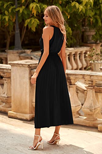 PRETTYGARDEN Women's Long Sun Dresses 2023 Sleeveless Halter Neck Flowy Pleated Maxi Cocktail Dress (Black,Large)