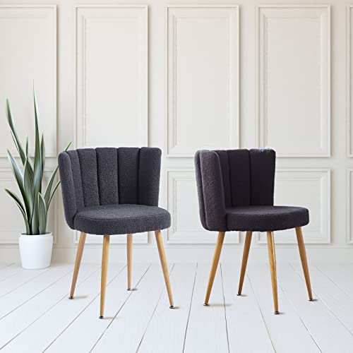 MIDLADE Grey Teddy Sherpa Upholstered Dining Chair Set of 4 Mid-Century Modern Accent Comfy Fluffy Side Chair with Comfortable Backrest for Living Room Bedroom Kitchen Makeup Vanity Chair