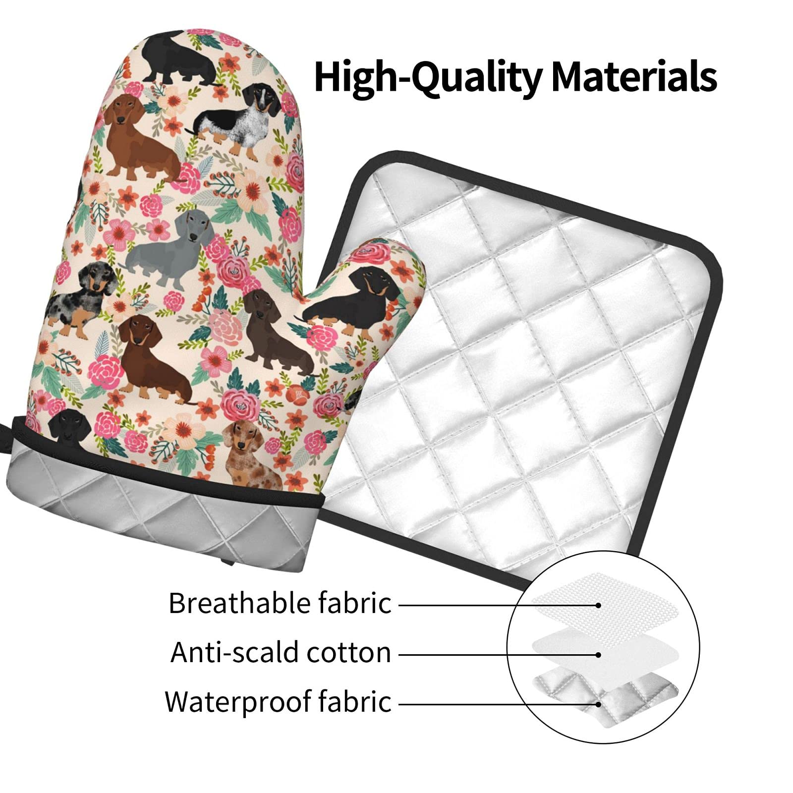 Hitamus Floral Dachshunds Oven Mitts and Pot Holders Sets, Heat Resistant Kitchen Microwave Gloves Non-Slip Pot Pads for Grilling Baking Cooking BBQ (Set of 2)
