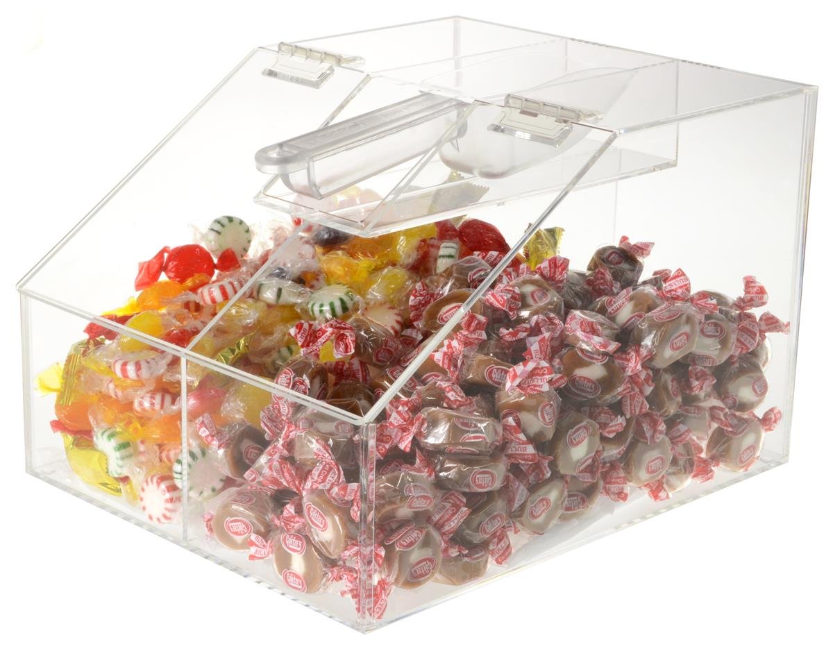 Displays2go Double Candy Bin for Counters, Clear Acrylic Bulk Food Bin with Separate Scoop Holder and Hinged Doors - Scoop NOT Included