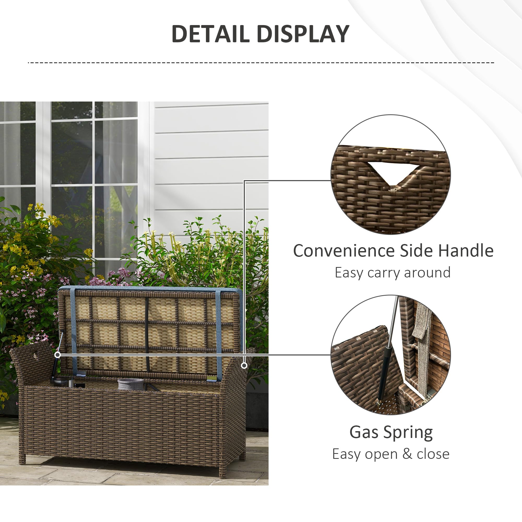 Outsunny 27 Gallon Patio Wicker Storage Bench, Outdoor PE Rattan Patio Furniture, 2-in-1 Large Capacity Rectangle Garden Storage Box with Handles and Cushion, Dark Blue