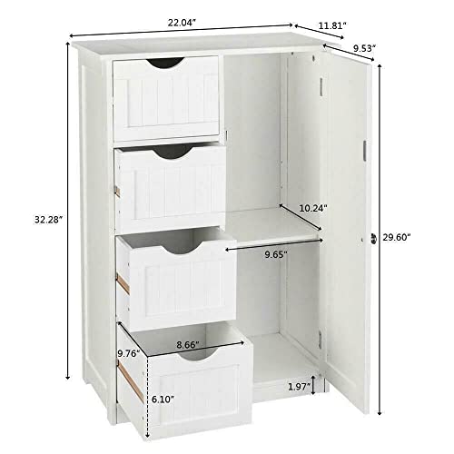 MAXCBD Nightstand Bedside Table Drawer Cabinet 4 Drawer Single Door Bathroom Dresser Shelf Cabinet Storage Furniture White Bathroom Storage Cabinet Storage Tower Dresser