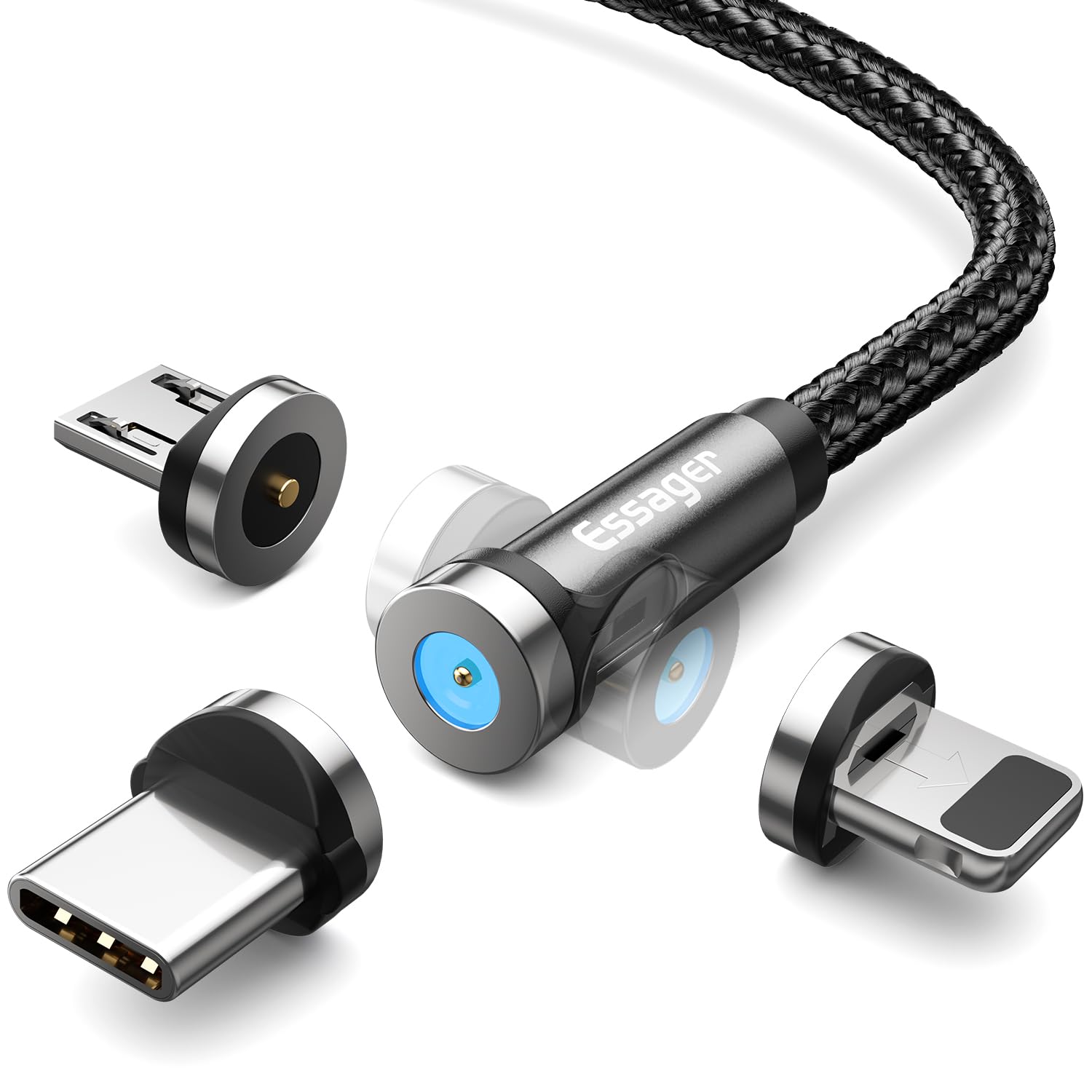 ESSAGER Magnetic Charging Cable Charger, 4 Pack (3.3/3.3/6.6/6.6FT) 540° Rotation, LED Indicator, Universal Compatibility, USB C Type-C Micro 3-in-1 Charger Cable (Red)