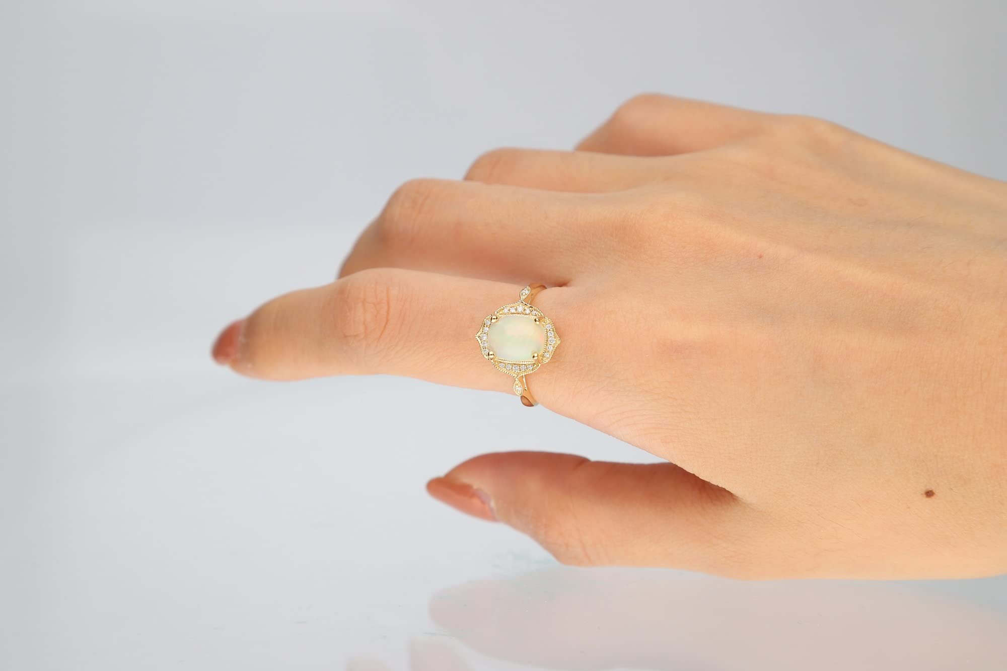 Gin & Grace 14K Yellow Gold Natural Ethiopian Opal Ring with Real Diamonds|Ethically, authentically & organically sourced (Cushion-cut) shaped opal hand-crafted jewelry for her |
