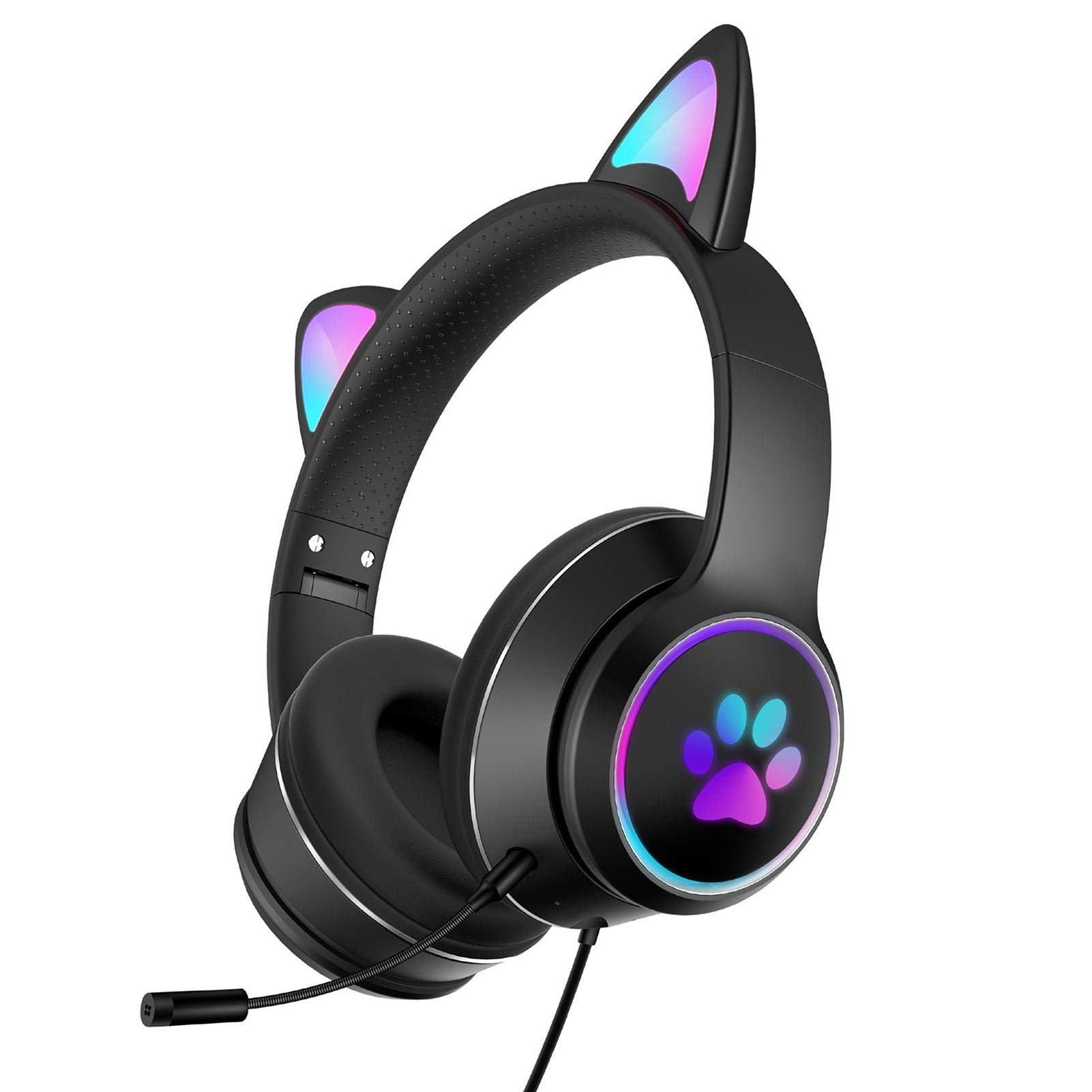 EKDJKK Cat Ear Bluetooth Headphones Foldable Wireless LED Light Up Foldable Headphones HiFi 3.5MM Noise Reduction Headphones Computer Gaming Headset with Microphone and Volume Control