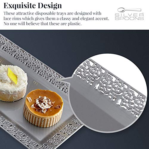 Elegant Lace Plastic Serving Trays (6 PC), Disposable Plastic Trays and Platters for Party - 14β x 7.5β, Serves Snacks, Charcuterie, Desserts, Sweets, Perfect for Upscale Wedding, and Dining - Silver