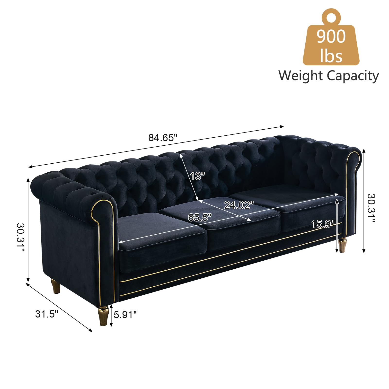 Neylory Modern Velvet Sofa Couch for Living Room,85 Inch 3 Seater Chesterfield Couches with Button Tufted Back and Roll Arms,Upholstered Sofas for Bedroom,Apartment,Office (Black)