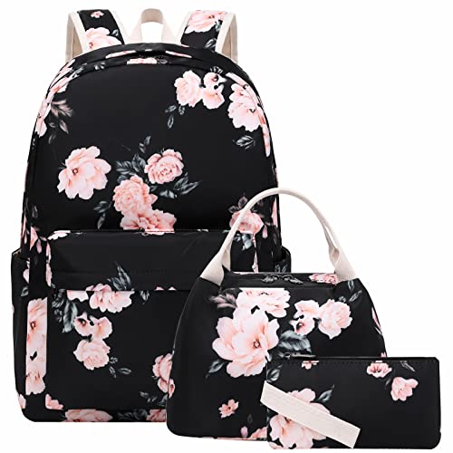 SHEEYEE School Backpack for Girls Bookbags with Lunch Box Set Students Laptop Travel Floral Backpack(Black with Flower)