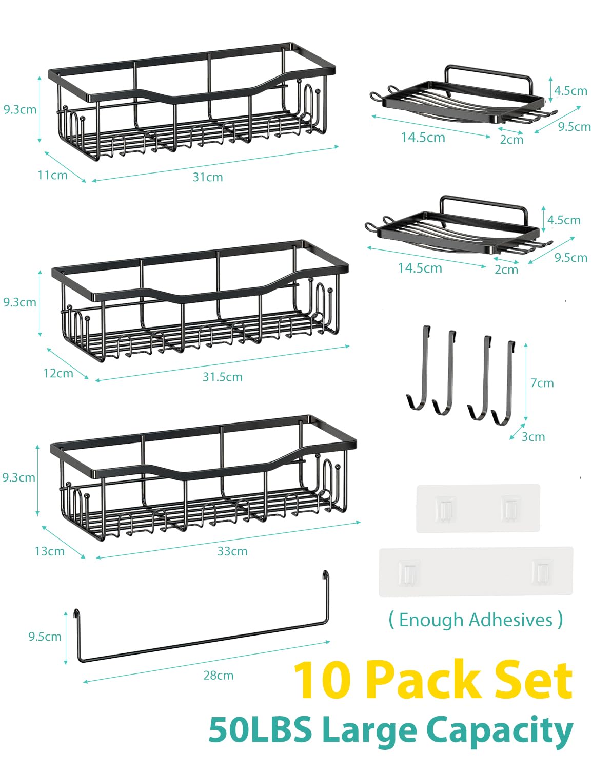 plainshe 10 Packs Shower Caddy, Shower Organizer with 3 Shower Shelves, 2 Soap Dishes & Towel Rack, Stainless Steel Wall Rack Basket with Adhesives Mounted for Bathroom & Kitchen (Black/N-Type)