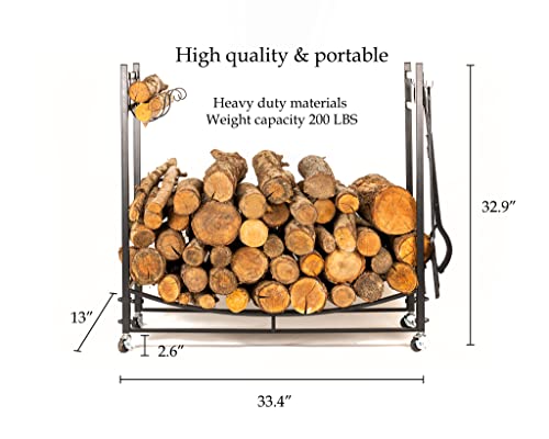 KAG ONE Firewood Storage Rack with Kindling Holder, Black, Metal, 33.4"L x 13"W x 32.9"H, 200 LBS Weight Capacity