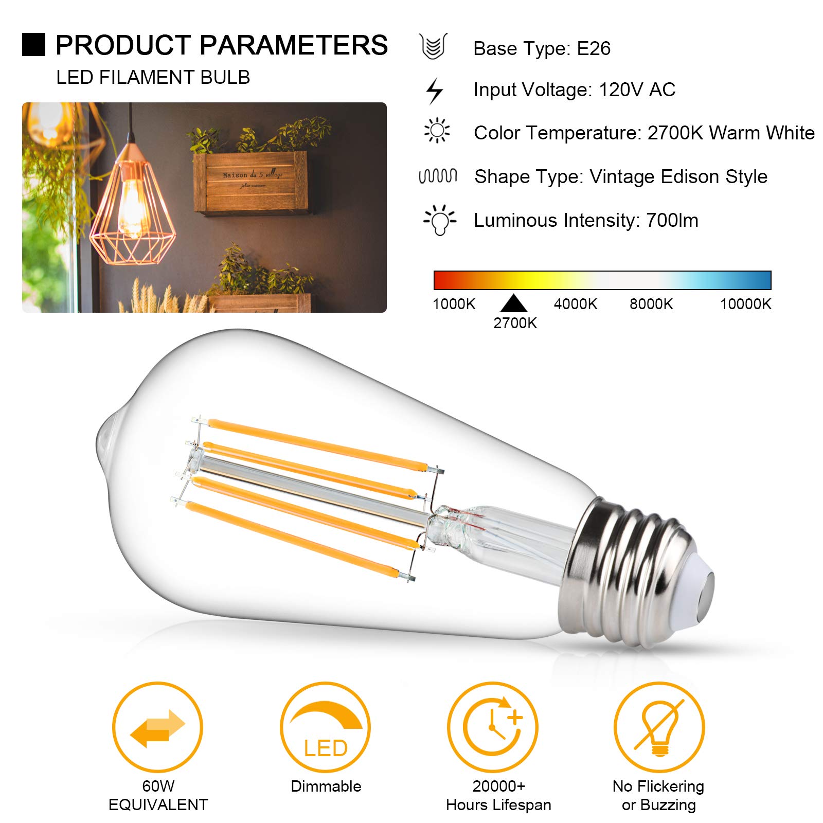 Defurhome Dimmable LED Edison Bulbs, 60W Equivalent, 700Lumens, Warm White 2700K, 6W ST58 LED Filament Light Bulbs with 80+CRI, Antique Style Lighting, E26 Medium Base, Clear Glass - Pack of 5